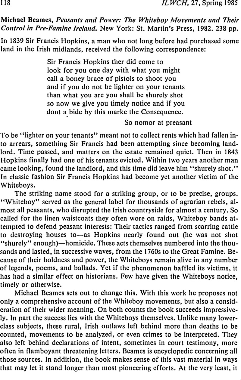 Michael Beames, Peasants and Power: The Whiteboy Movements and Their ...