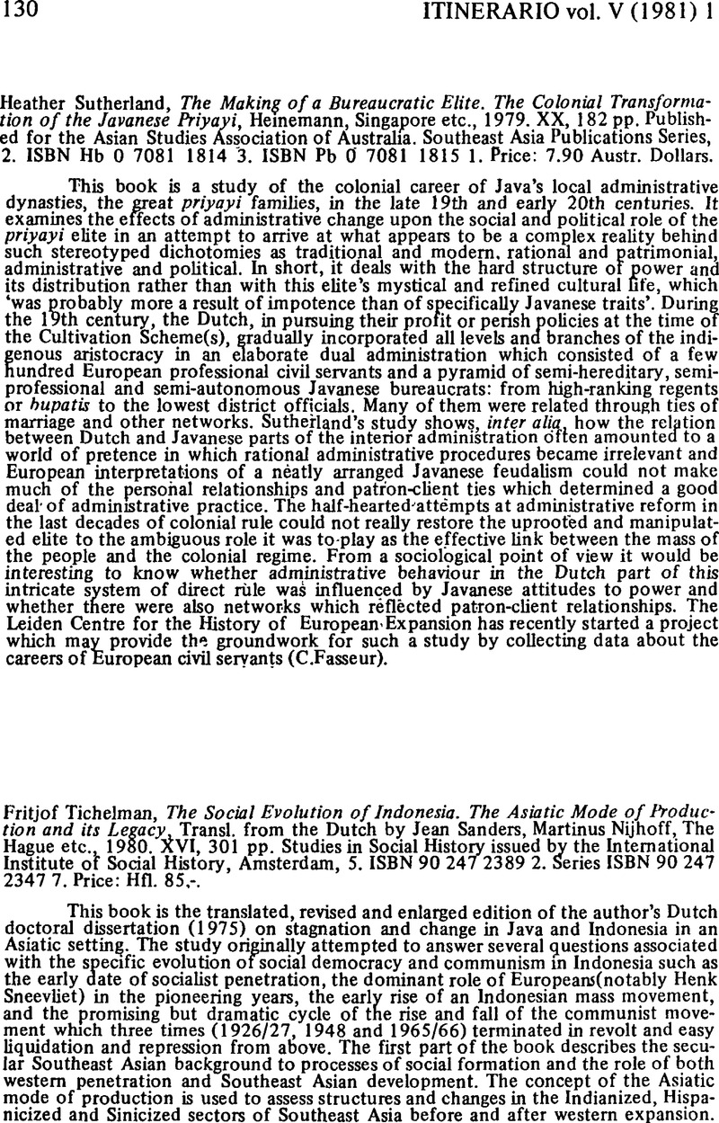 Heather Sutherland, The Making of a Bureaucratic Elite. The Colonial ...