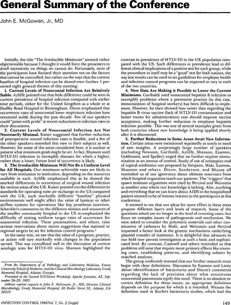 General Summary of the Conference | Infection Control & Hospital ...