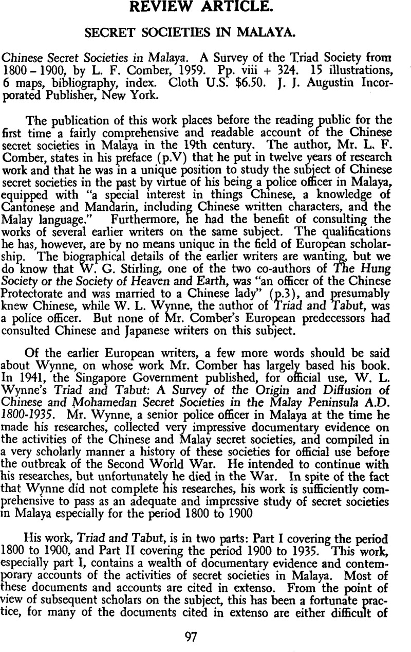 Secret Societies in Malaya | Journal of Southeast Asian History ...