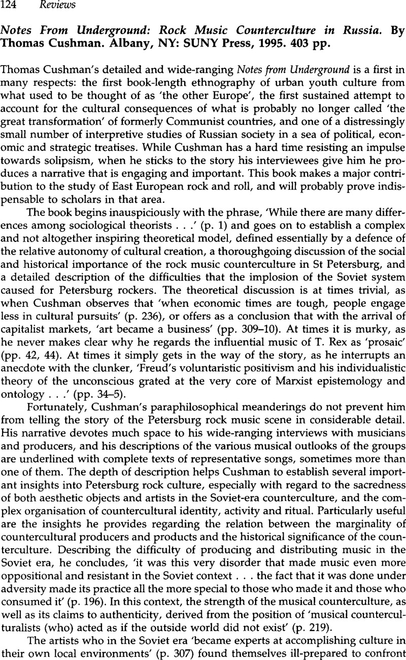 Notes From Underground: Rock Music Counterculture in Russia. By Thomas ...