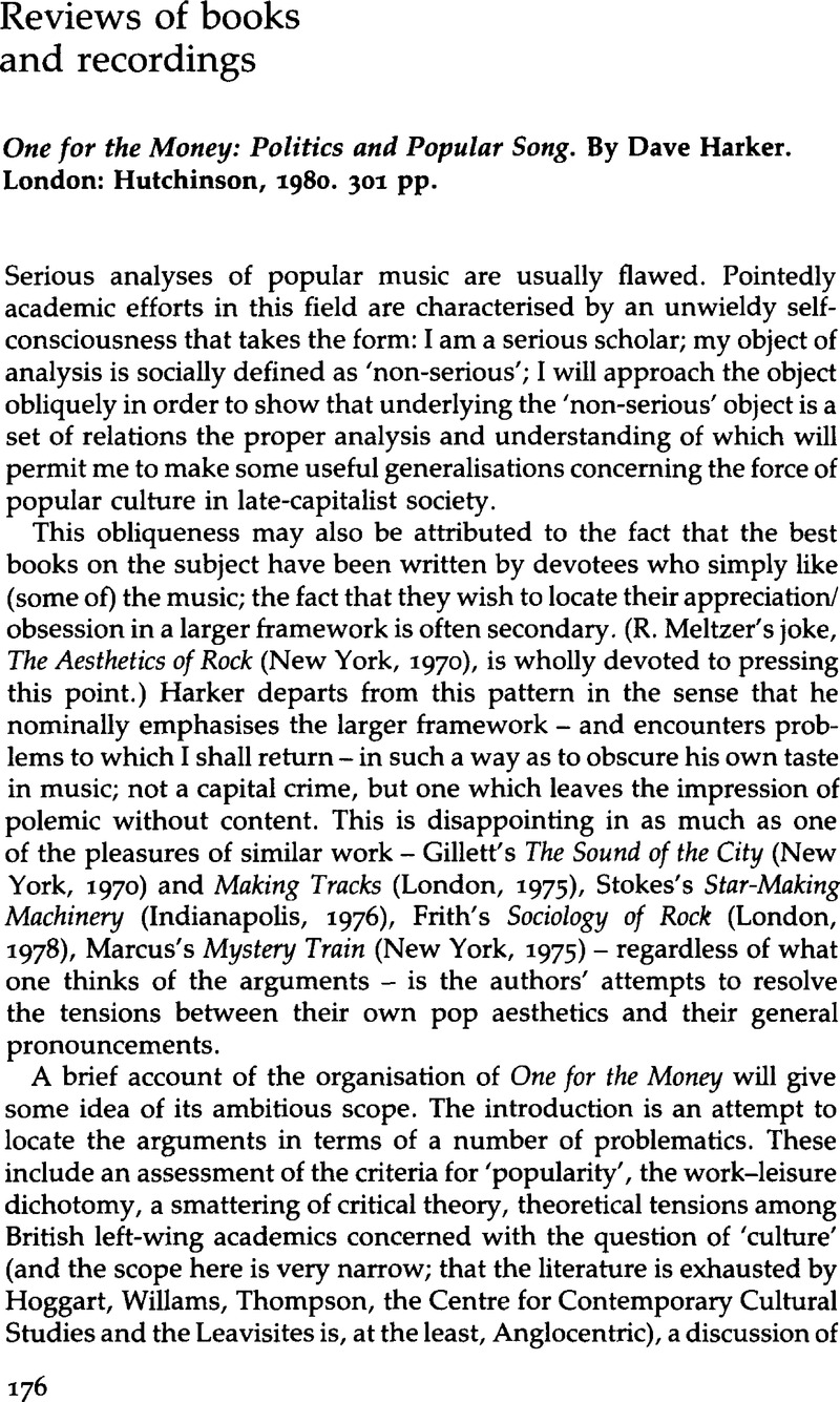 One for the Money: Politics and Popular Song. By Dave Harker. London ...