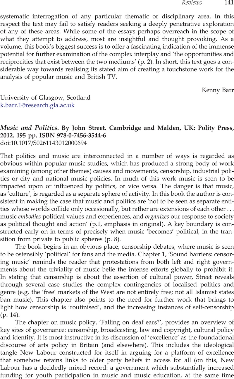 Music and Politics. By John Street. Cambridge and Malden, UK: Polity ...