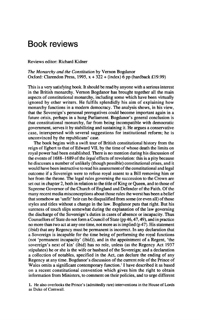 The Monarchy and the Constitution by Vernon Bogdanor. Oxford: Clarendon ...