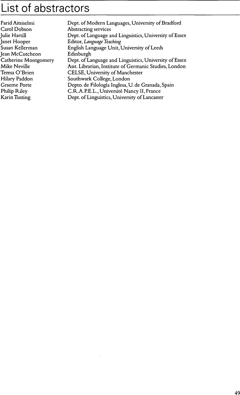 List of abstractors | Language Teaching | Cambridge Core