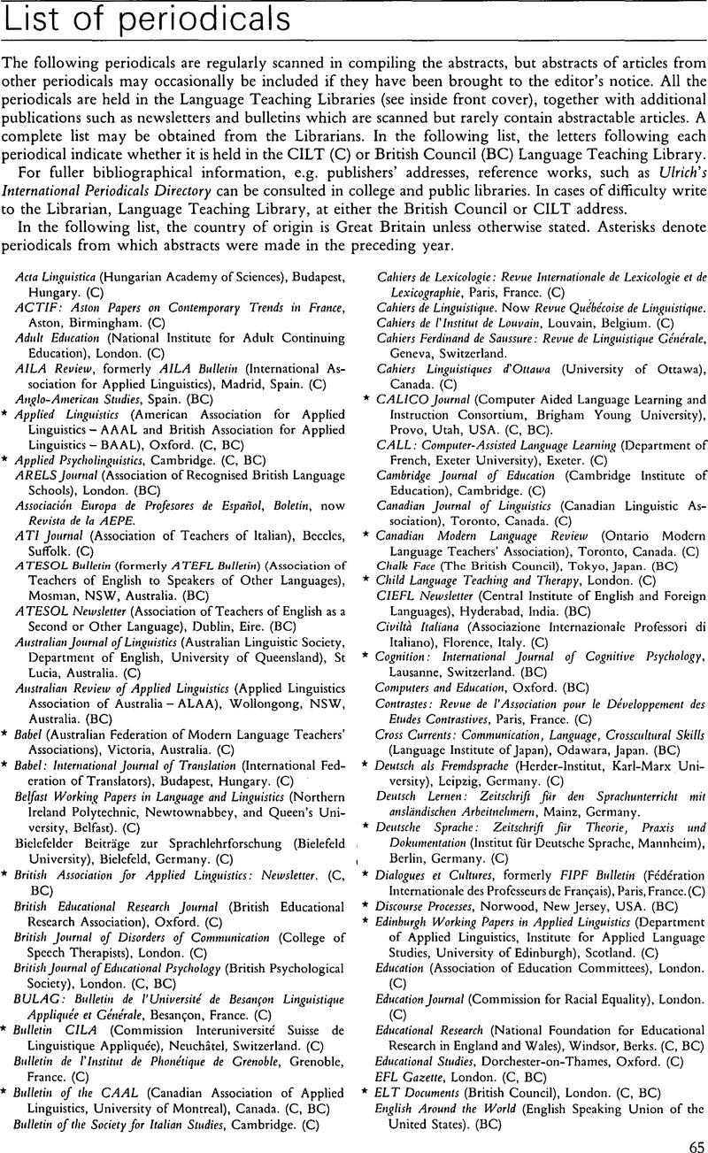 List of periodicals | Language Teaching | Cambridge Core