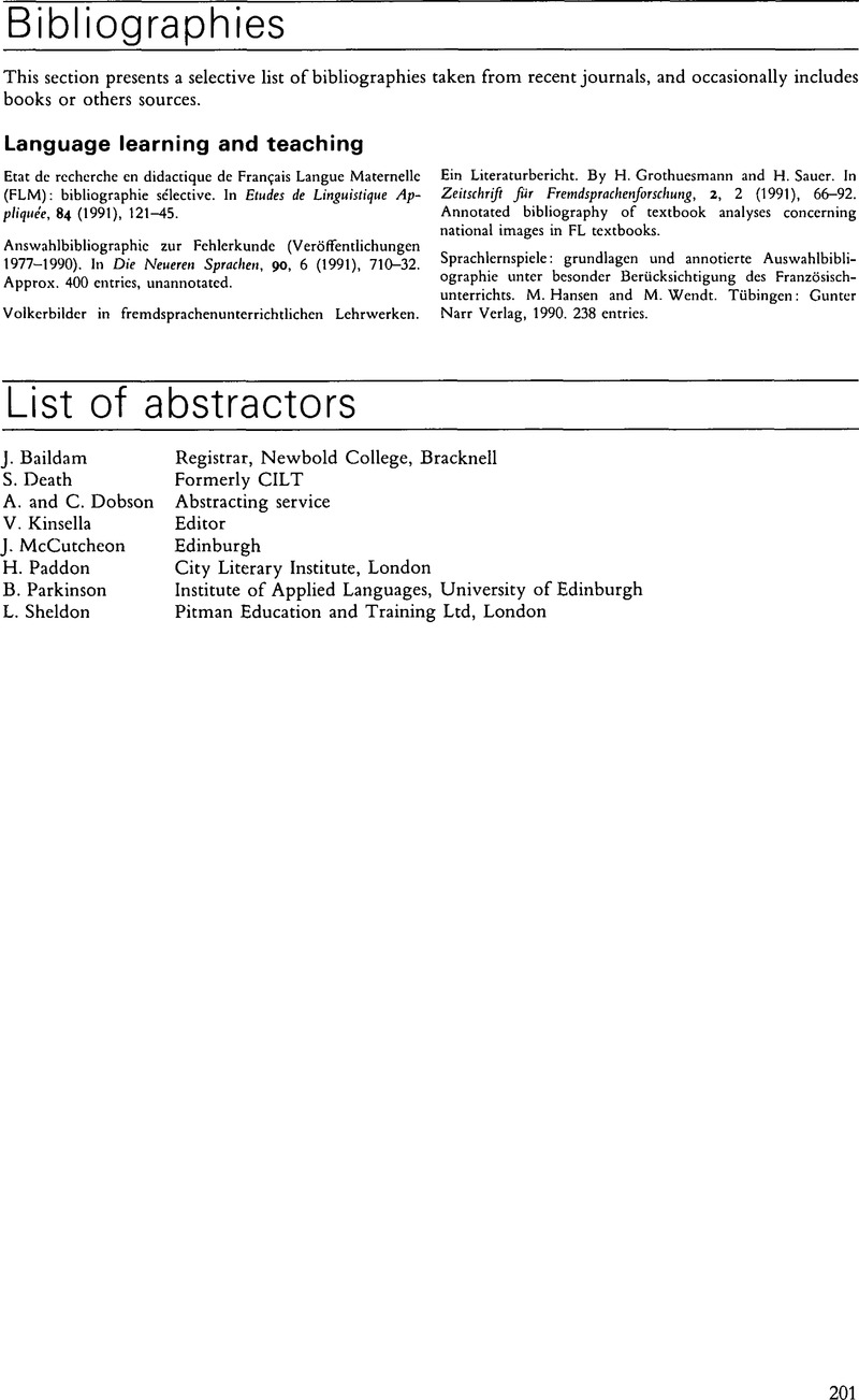 List of abstractors | Language Teaching | Cambridge Core