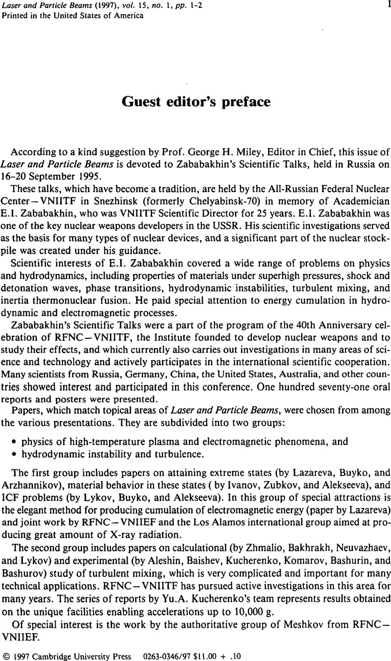 Guest editor's preface | Laser and Particle Beams | Cambridge Core