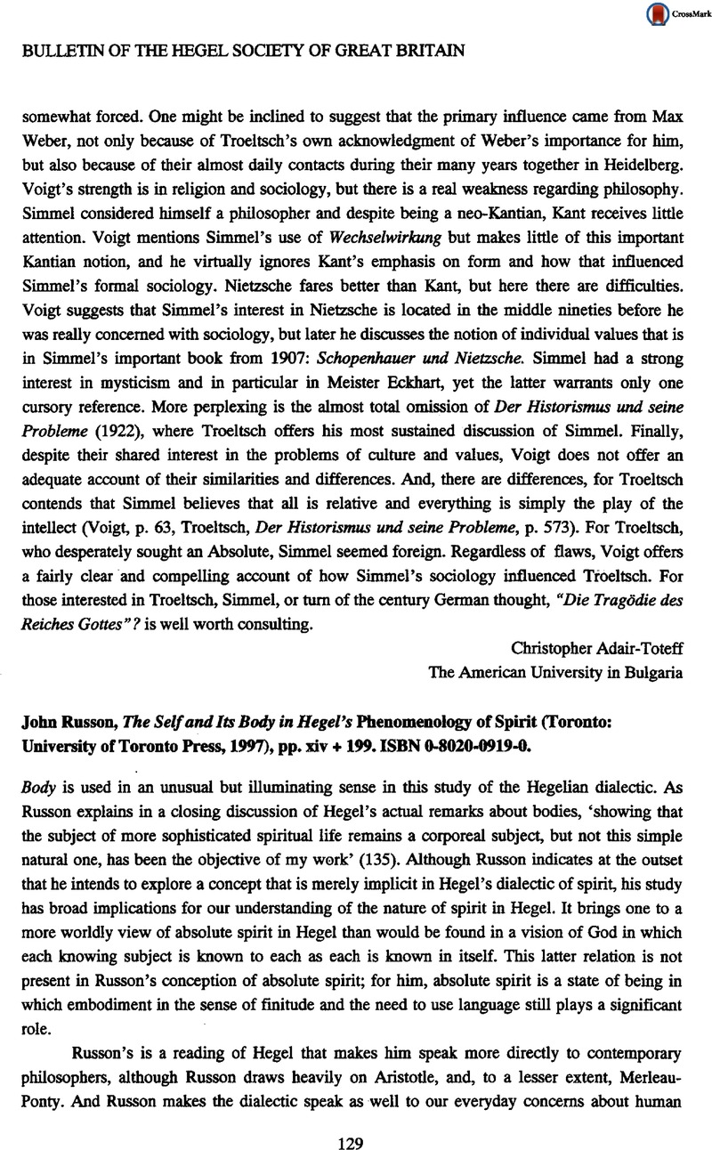 John Russon, The Self and Its Body in Hegel's Phenomenology of Spirit ...