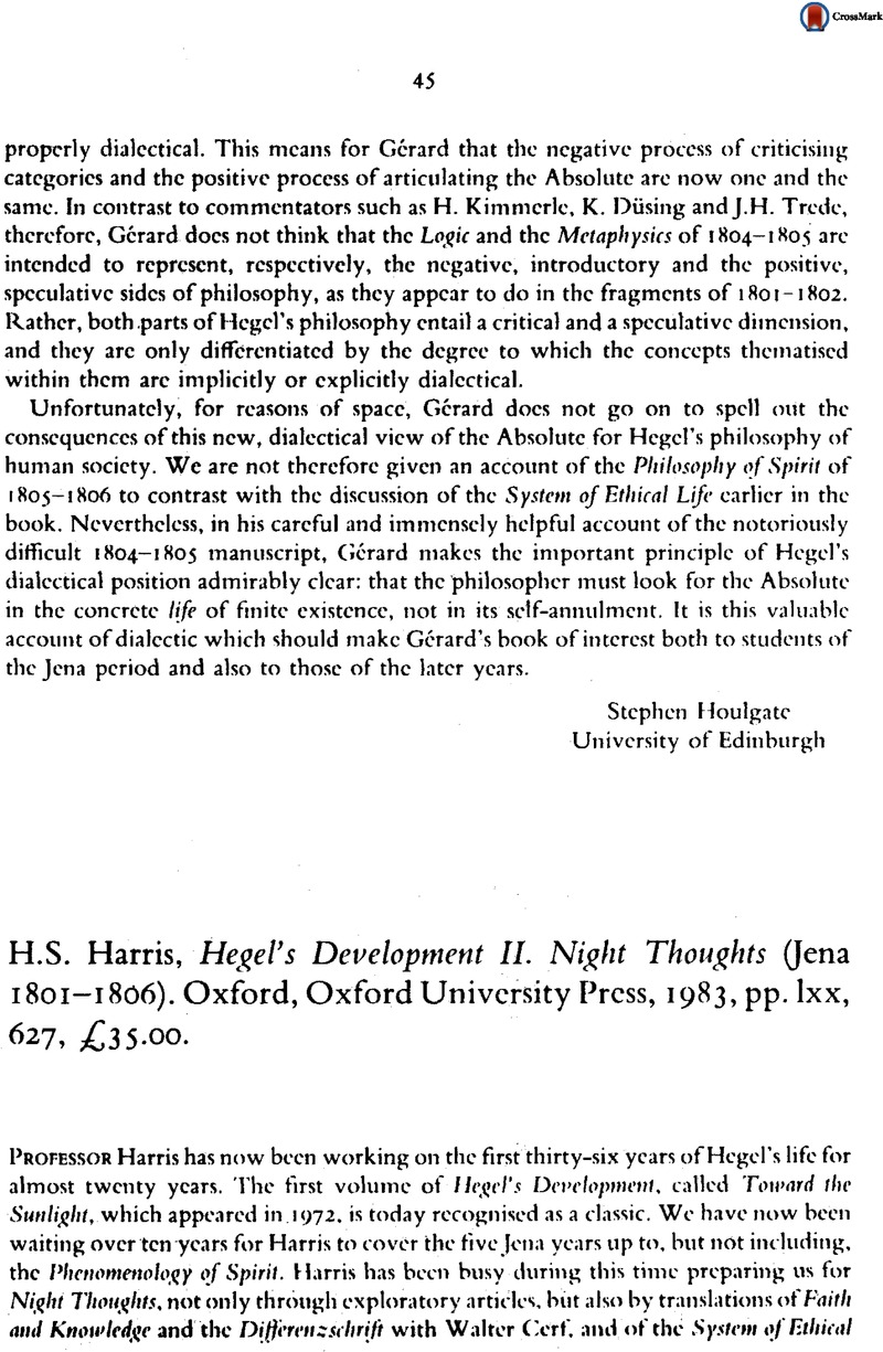 H.S. Harris, Hegel's Development II. Night Thoughts (Jena 1801–1806 ...