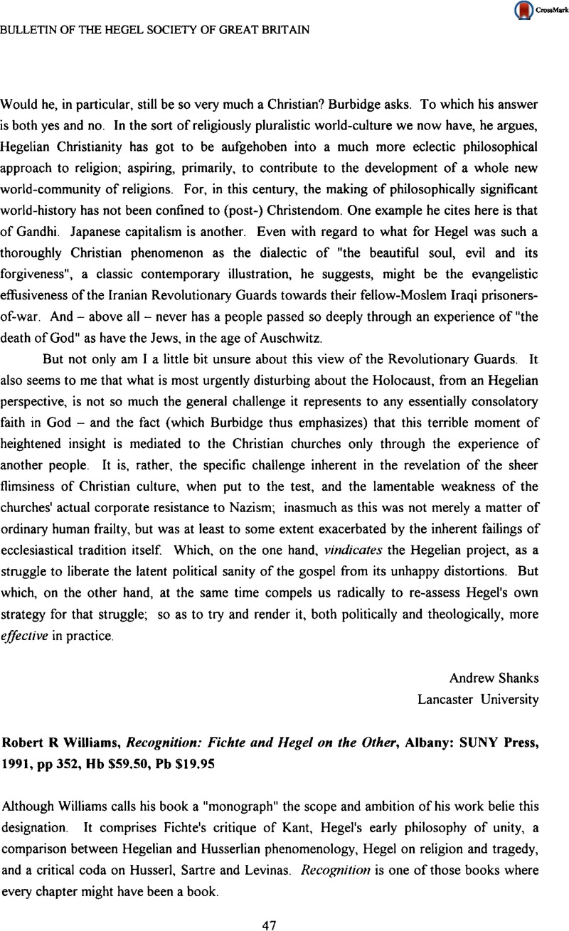 Robert R Williams, Recognition: Fichte and Hegel on the Other, Albany ...