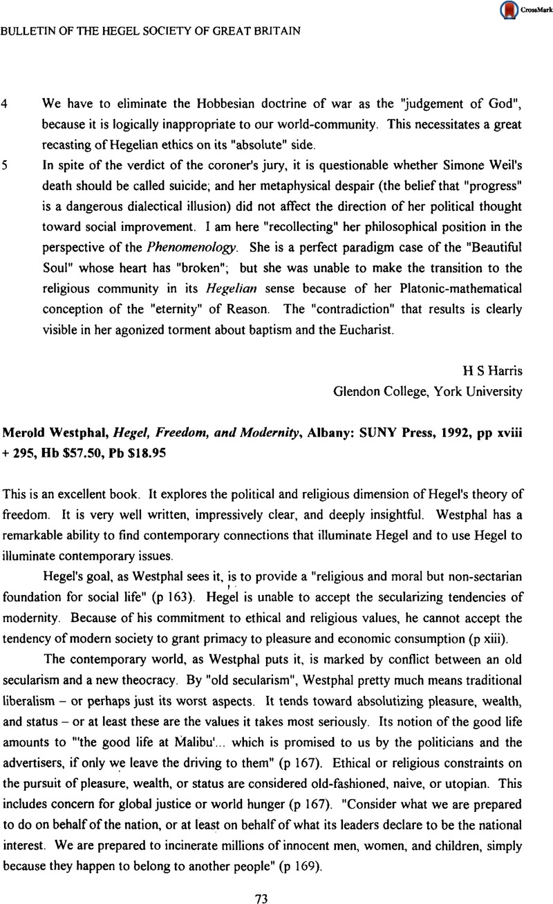 Merold Westphal, Hegel, Freedom, and Modernity, Albany: SUNY Press ...