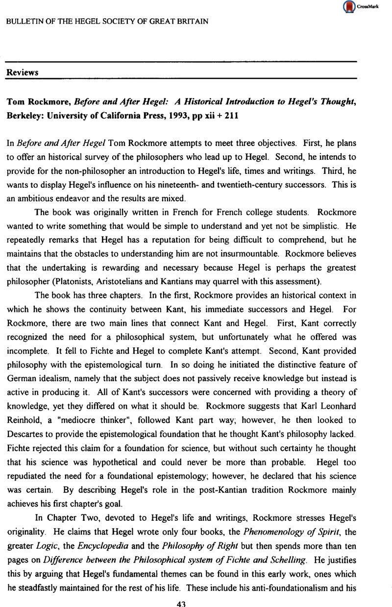 Tom Rockmore, Before and After Hegel: A Historical Introduction to Hegel's Thought, Berkeley ...