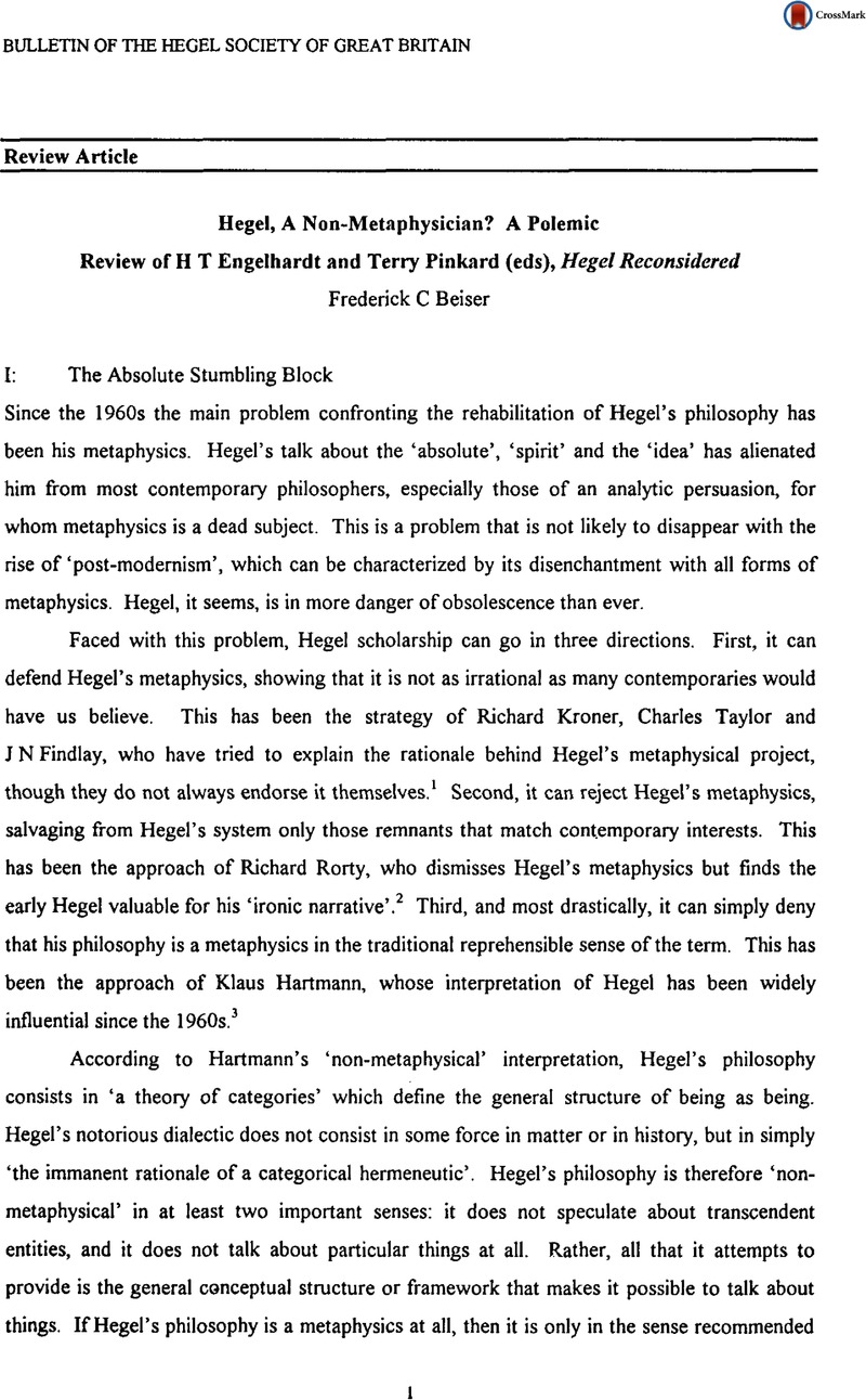 Hegel, A Non-Metaphysician? A Polemic Review of H T Engelhardt and ...