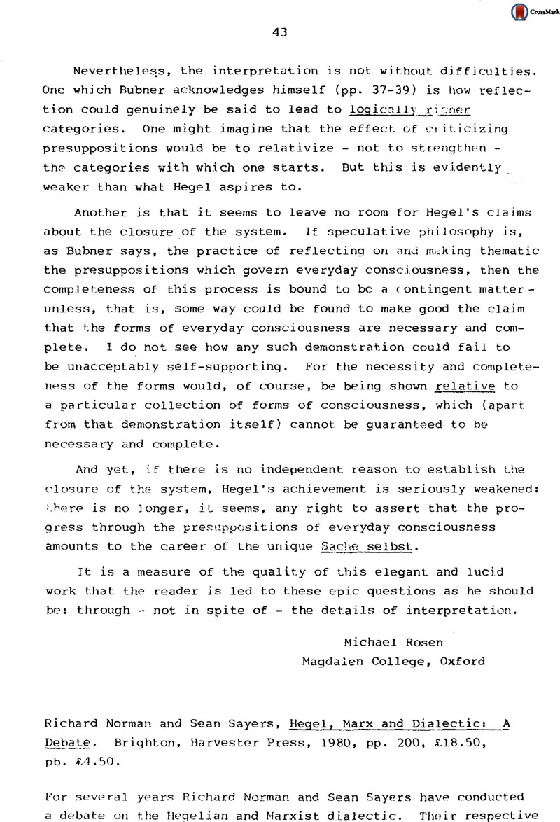 Richard Norman and Sean Sayers, Hegel, Marx and Dialectic: A Debate ...