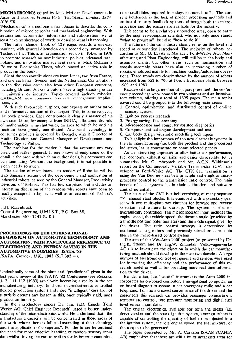 Mechatronics edited by Mick McLean Developments in Japan and Europe ...