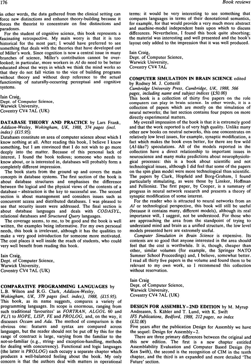 Computer Simulation In Brain Science edited by Rodney M. J. Cotterill ...