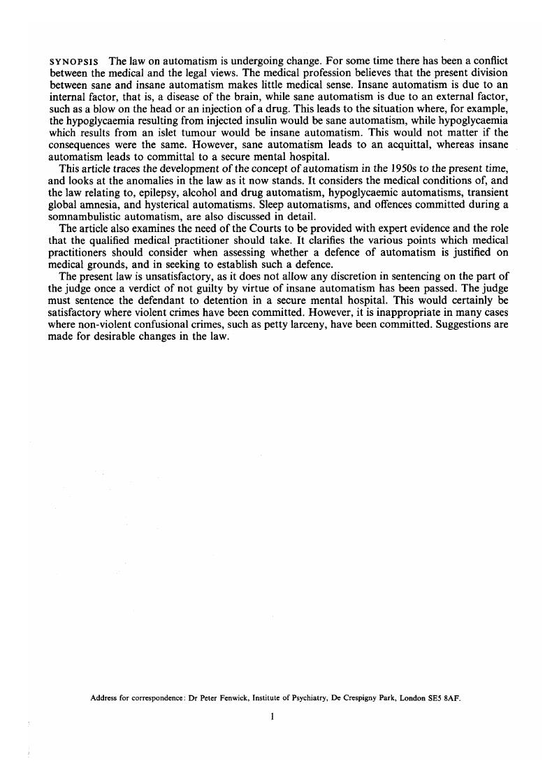 Automatism, medicine and the law | Psychological Medicine Monograph ...