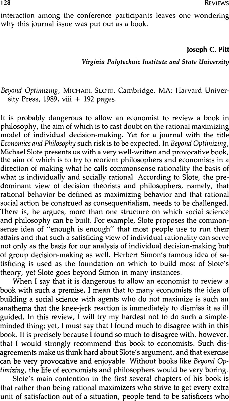 Beyond Optimizing, Michael Slote. Cambridge, MA: Harvard University ...