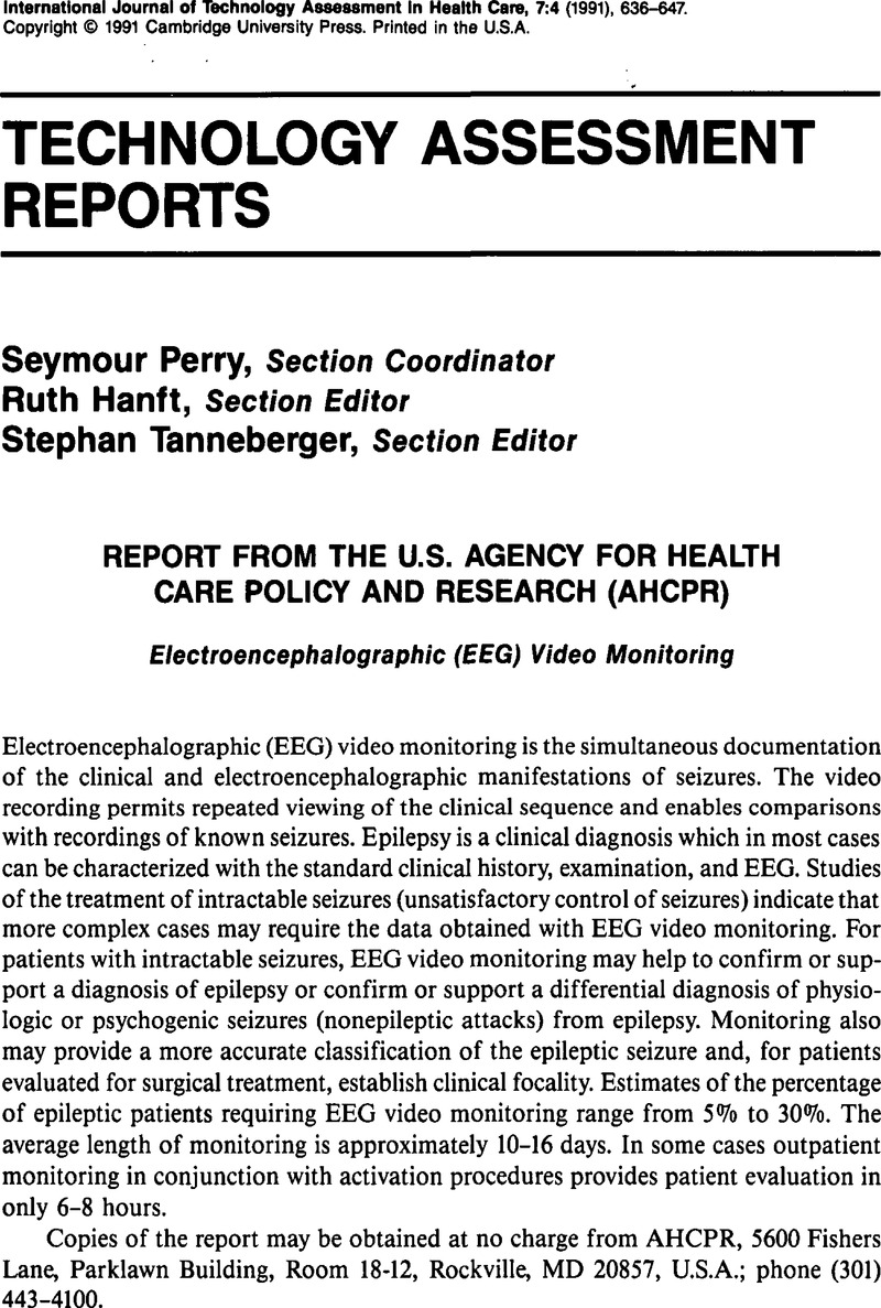 Report from the U.S. Agency for Health Care Policy and Research (AHCPR ...