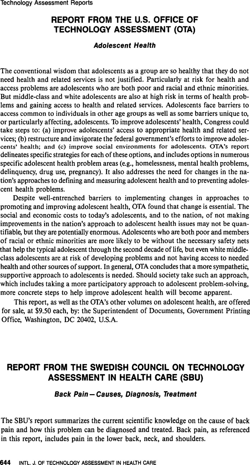 Report from the U.S. Office of Technology Assessment (OTA): Adolescent ...