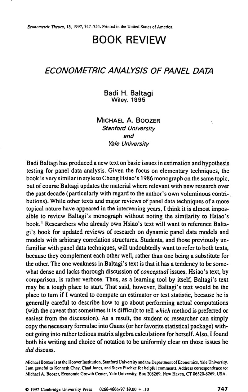 Econometric Analysis of Panel DataBadi H. Baltagi Wiley, 1995 ...