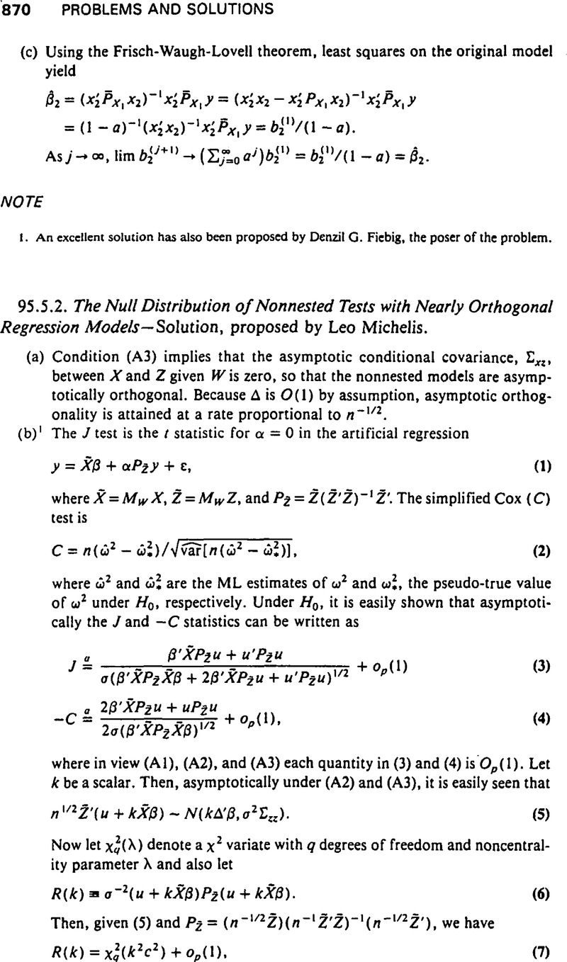 The Null Distribution Of Nonnested Tests With Nearly Orthogonal Regression Models Econometric