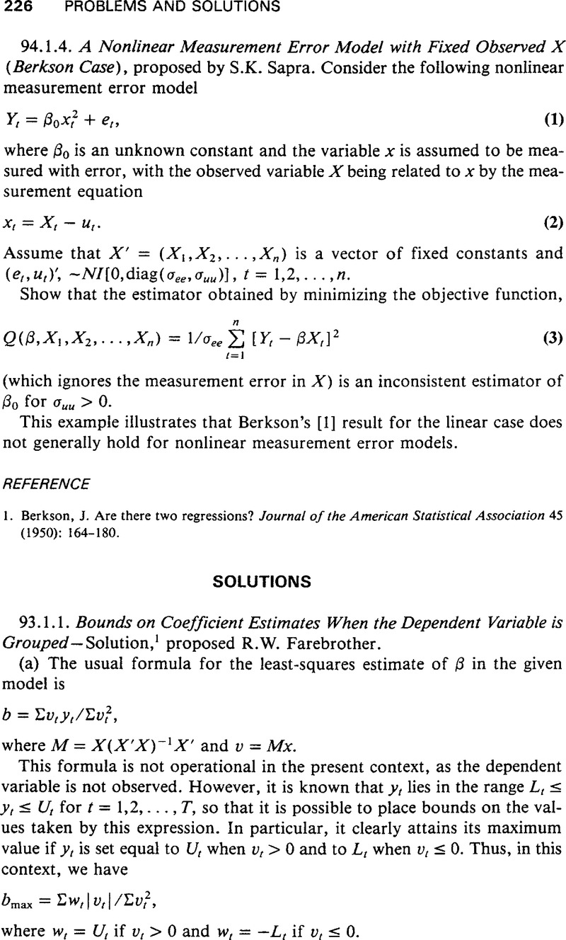 A Nonlinear Measurement Error Model With Fixed Observed X Berkson Case Econometric Theory
