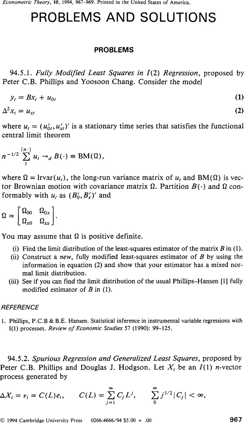 Fully Modified Least Squares In I 2 Regression Econometric Theory Cambridge Core