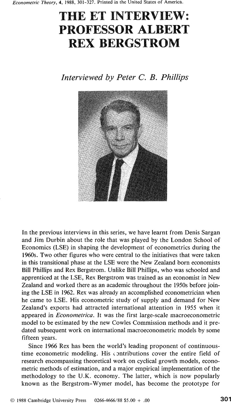 The Et Interview: Professor Albert Rex Bergstrom | Econometric Theory ...