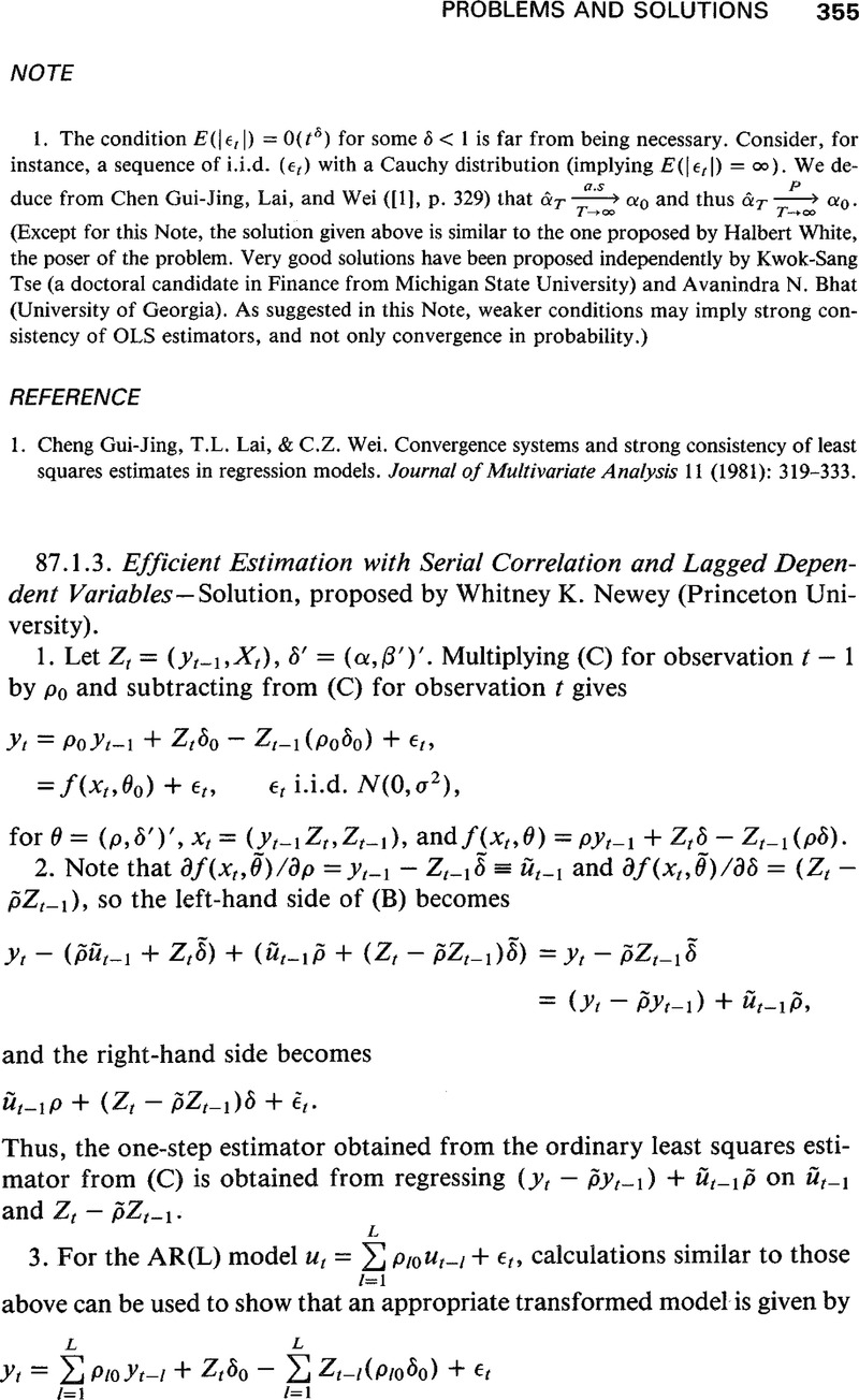Efficient Estimation With Serial Correlation And Lagged Dependent Variables Econometric Theory