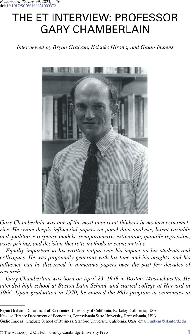 THE ET INTERVIEW: PROFESSOR GARY CHAMBERLAIN | Econometric Theory ...