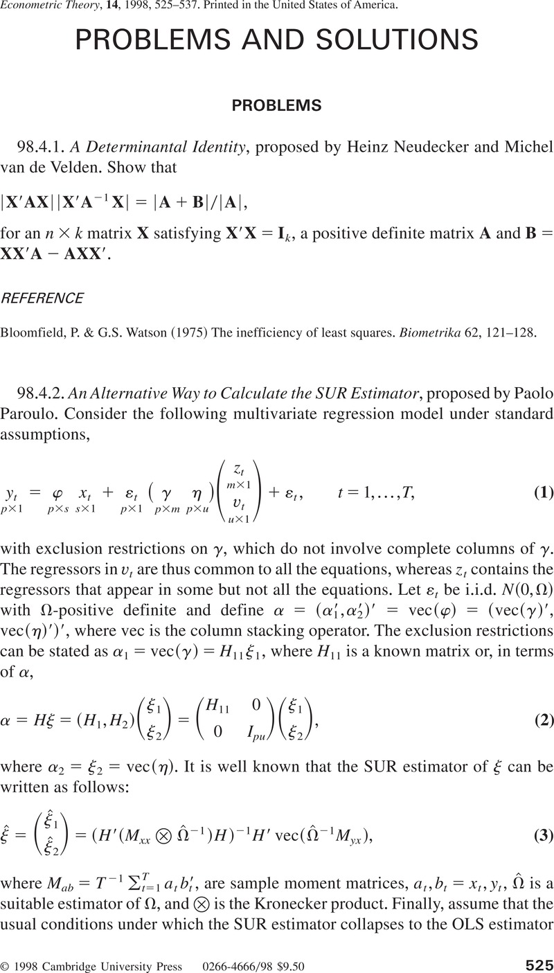 PROBLEMS AND SOLUTIONS | Econometric Theory | Cambridge Core