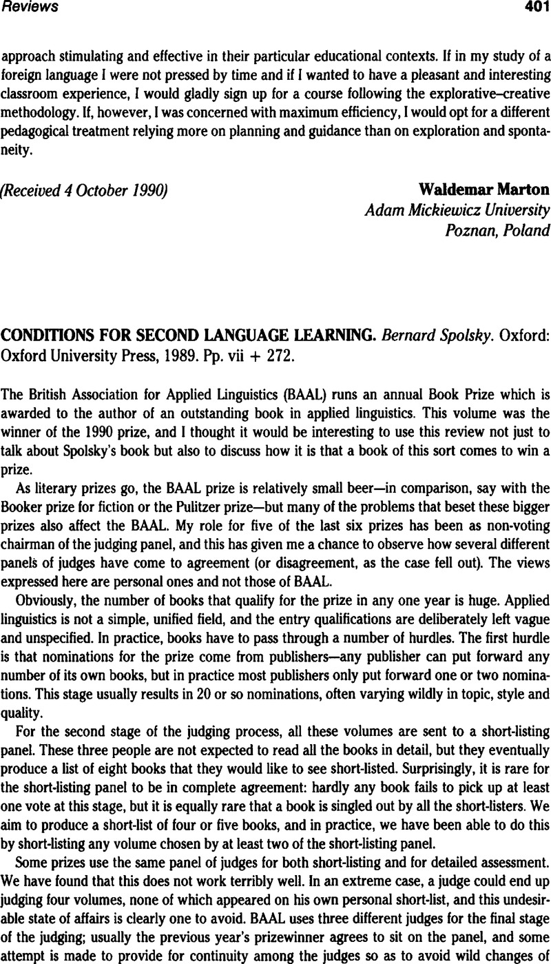 CONDITIONS FOR SECOND LANGUAGE LEARNING. Bernard Spolsky. Oxford ...