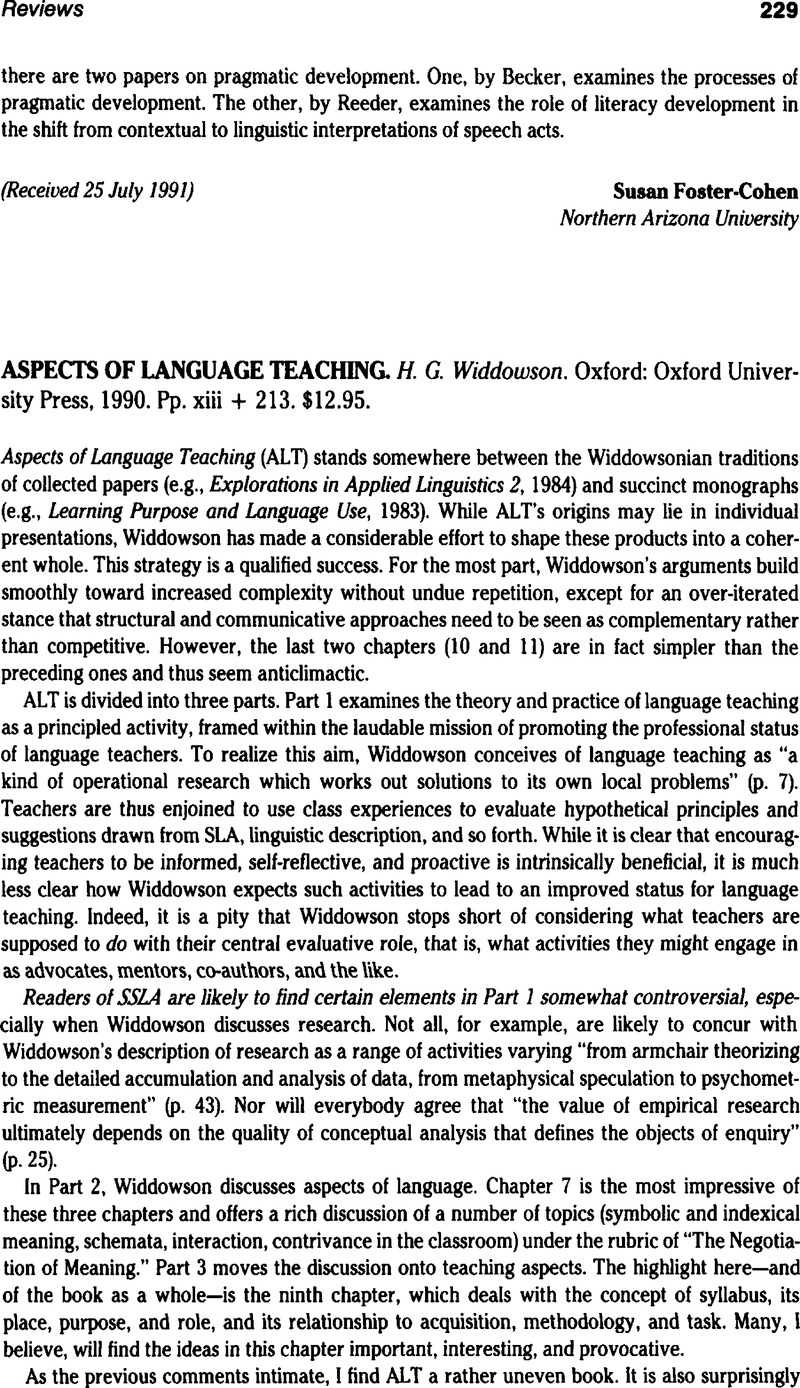 Aspects of language teaching. H. G. Widdowson. Oxford:Oxford University ...