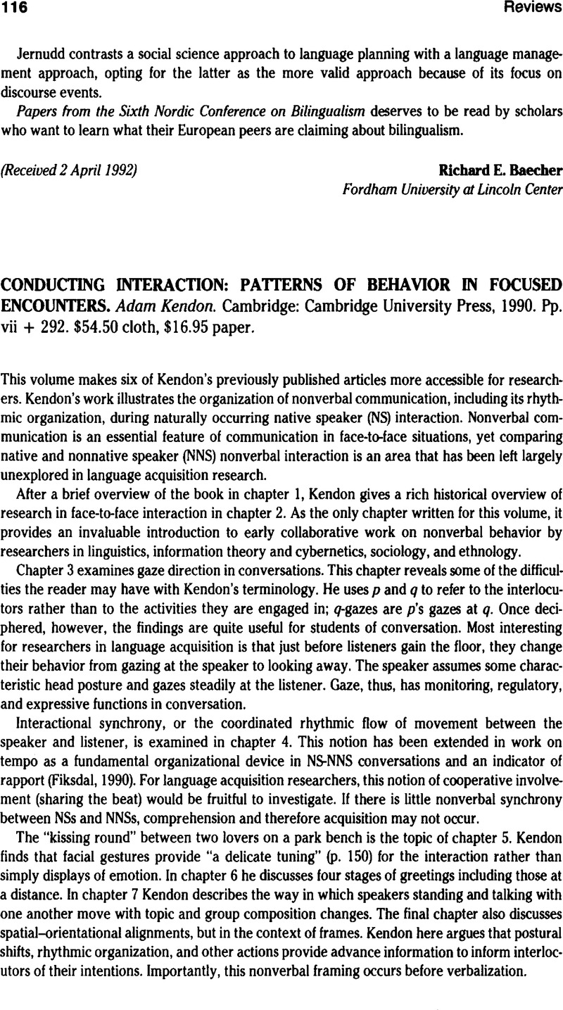 Conducting Interaction: Patterns of Behavior in Focused Encounters ...