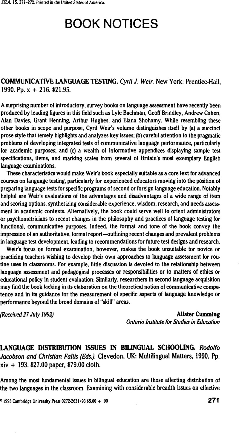 COMMUNICATIVE LANGUAGE TESTING. Cyril J. Weir. New York: Prentice-Hall ...