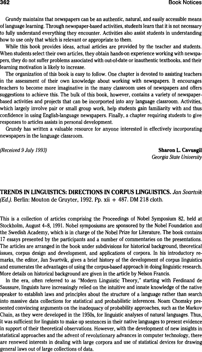 TRENDS IN LINGUISTICS: DIRECTIONS IN CORPUS LINGUISTICS. Jan Svartvik ...