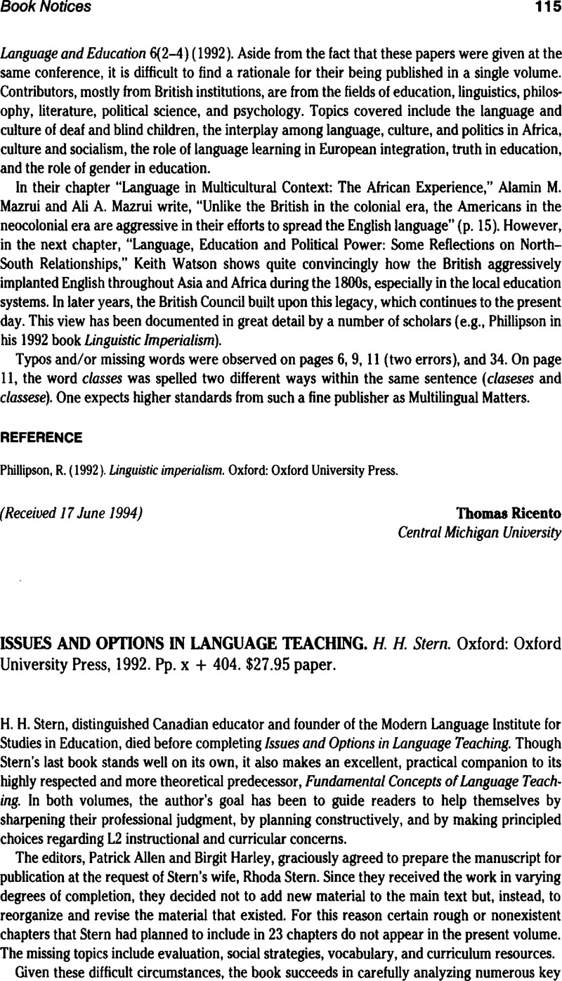 ISSUES AND OPTIONS IN LANGUAGE TEACHING. H. H. Stern. Oxford: Oxford ...