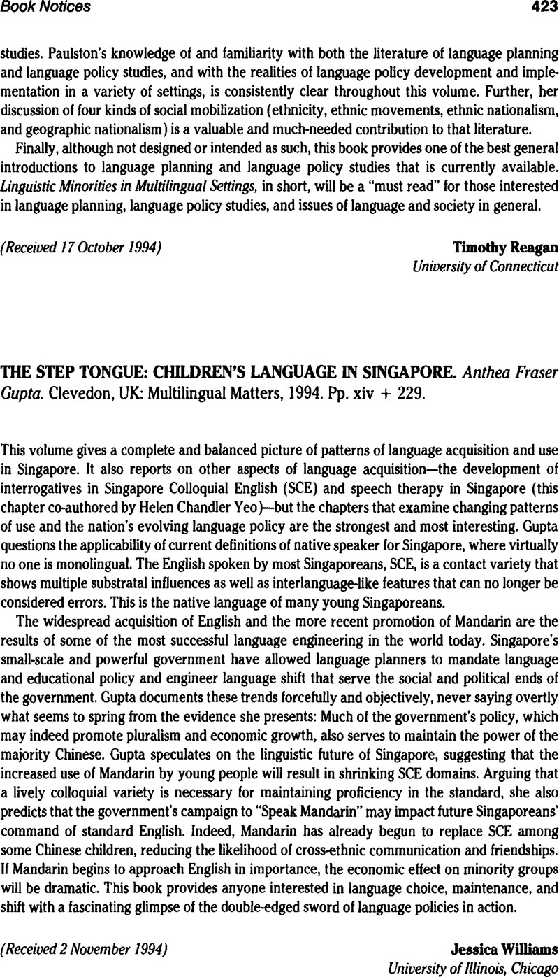 THE STEP TONGUE: CHILDREN'S LANGUAGE IN SINGAPORE. Anthea Fraser Gupta ...