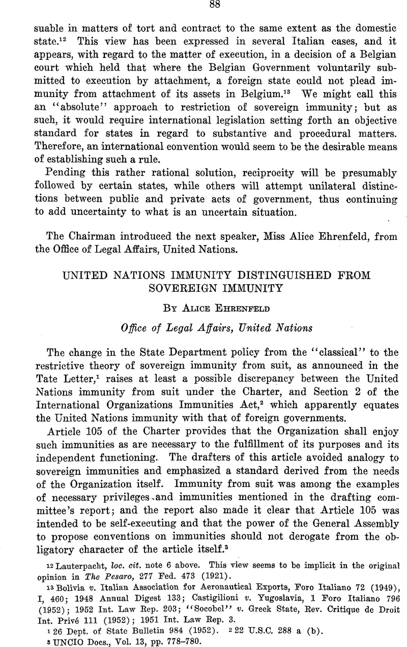 United Nations Immunity Distinguished from Sovereign Immunity ...