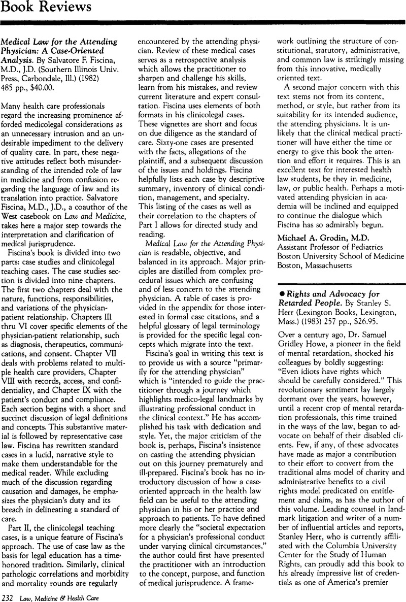 Rights and Advocacy for Retarded People. By Stanley S. Herr (Lexington ...