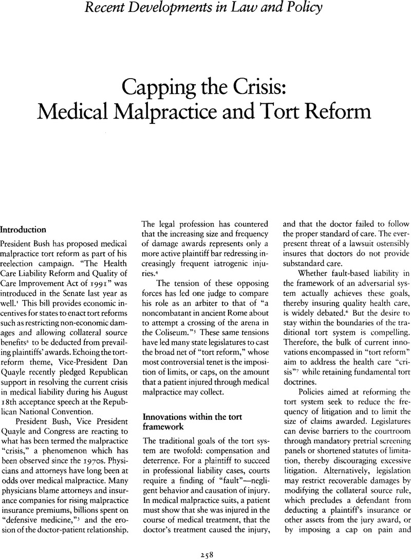 Capping the Crisis: Medical Malpractice and Tort Reform | Law, Medicine ...