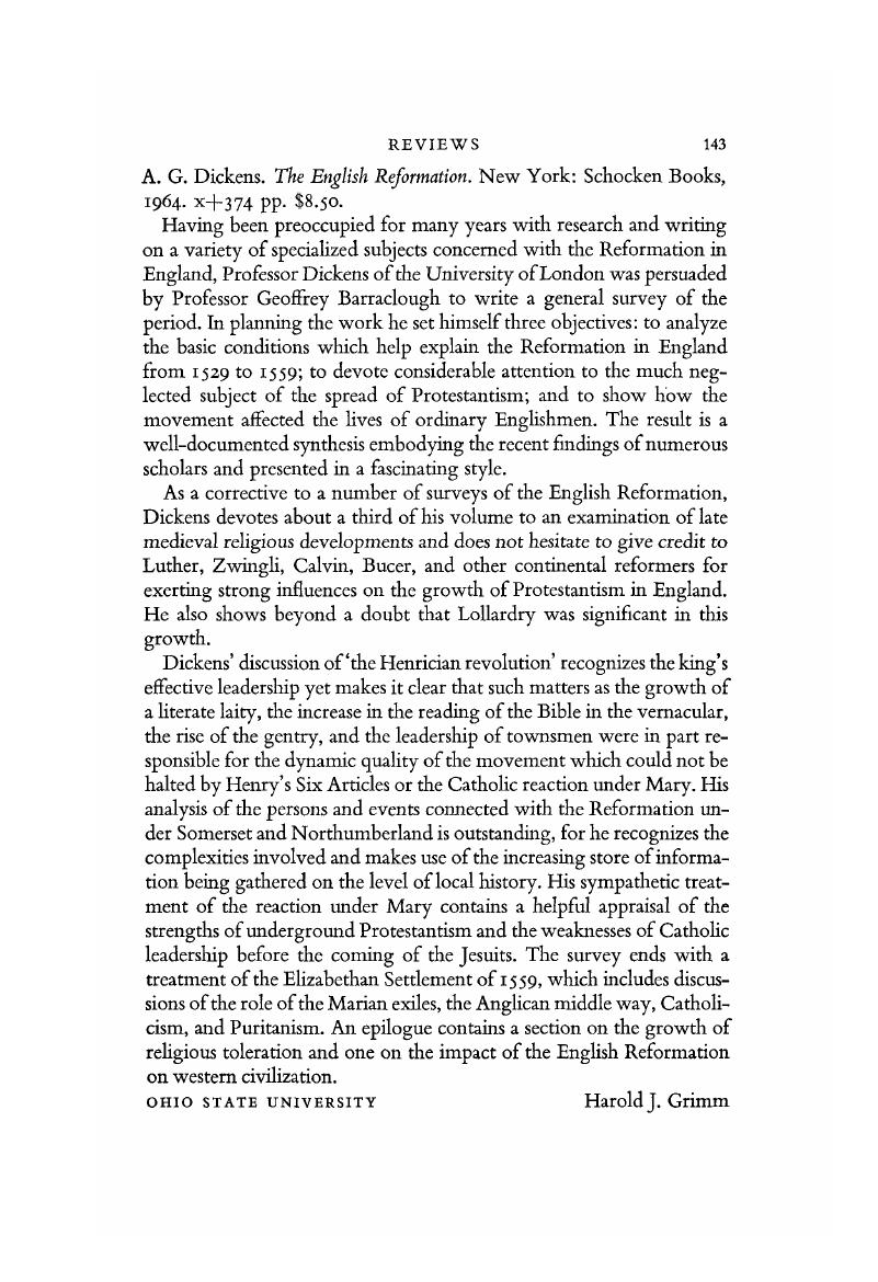 A. G. Dickens. The English Reformation. New York: Schocken Books, 1964 ...