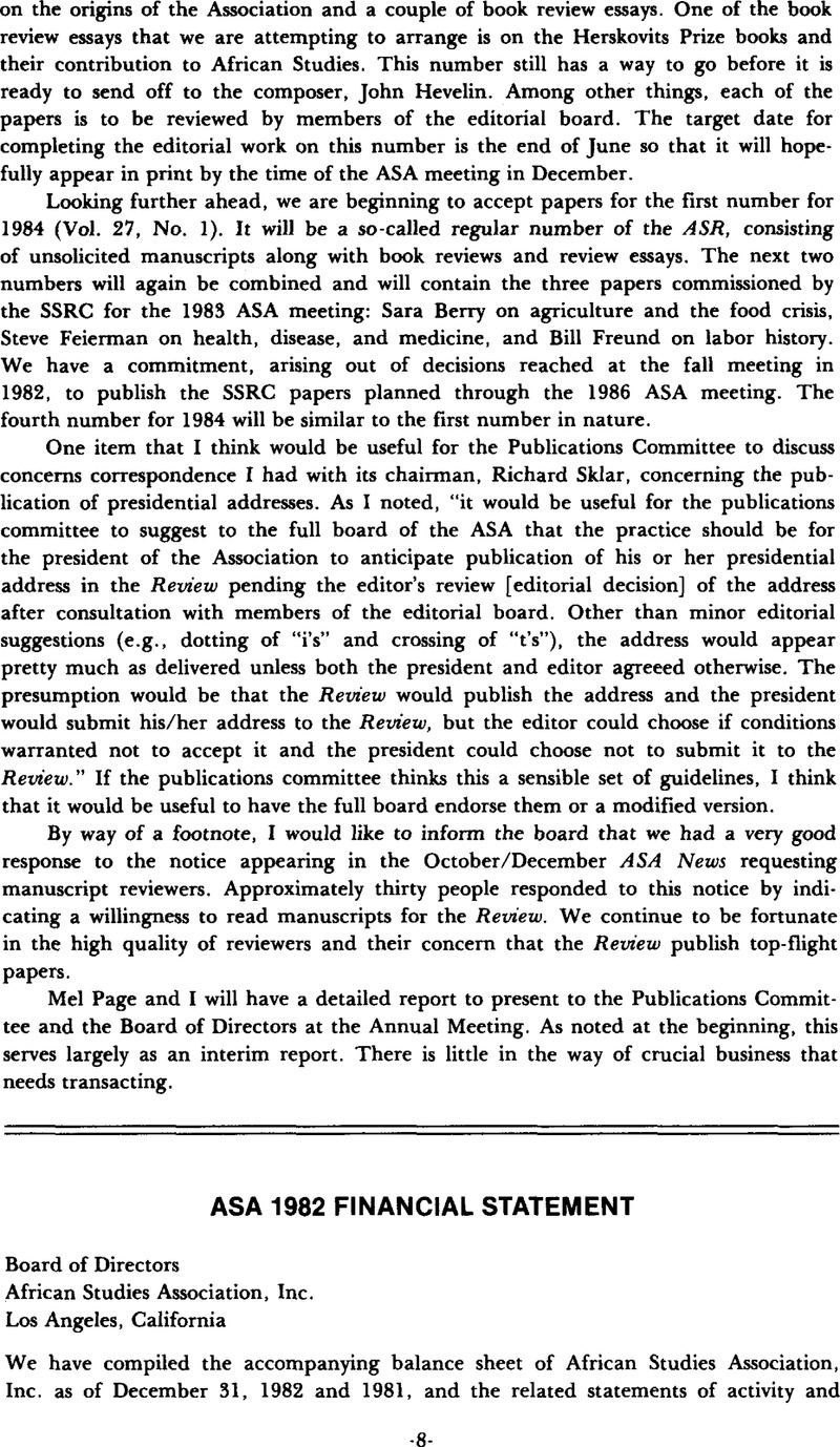 ASA 1982 Financial Statement | ASA News | Cambridge Core