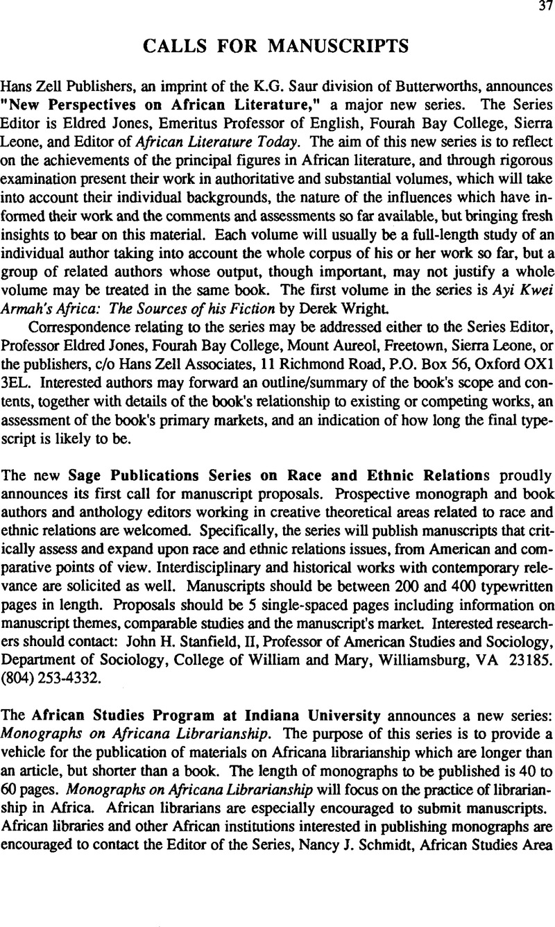 Calls for Manuscripts | ASA News | Cambridge Core