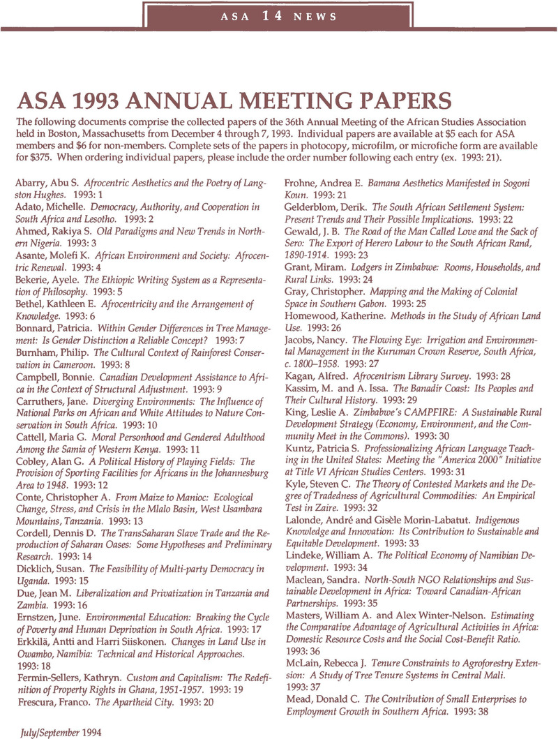 ASA 1993 Annual Meeting Papers | ASA News | Cambridge Core