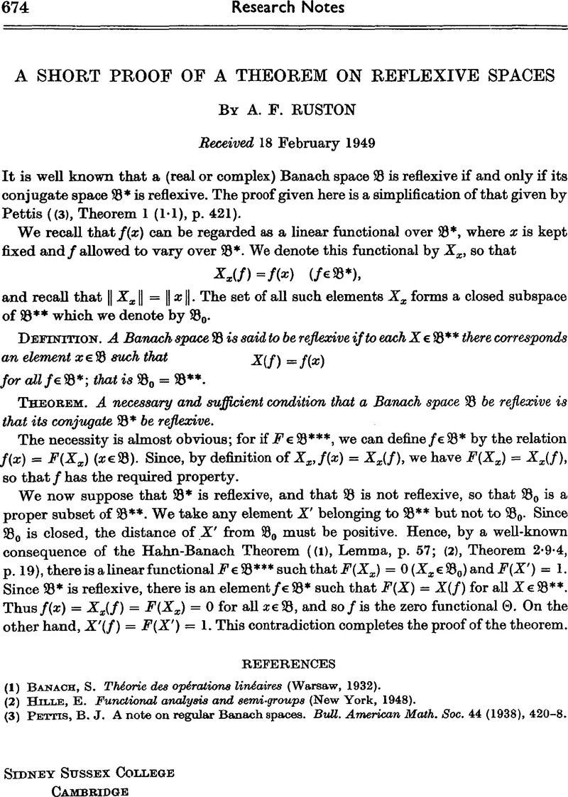 A short proof of a theorem on reflexive spaces | Mathematical ...