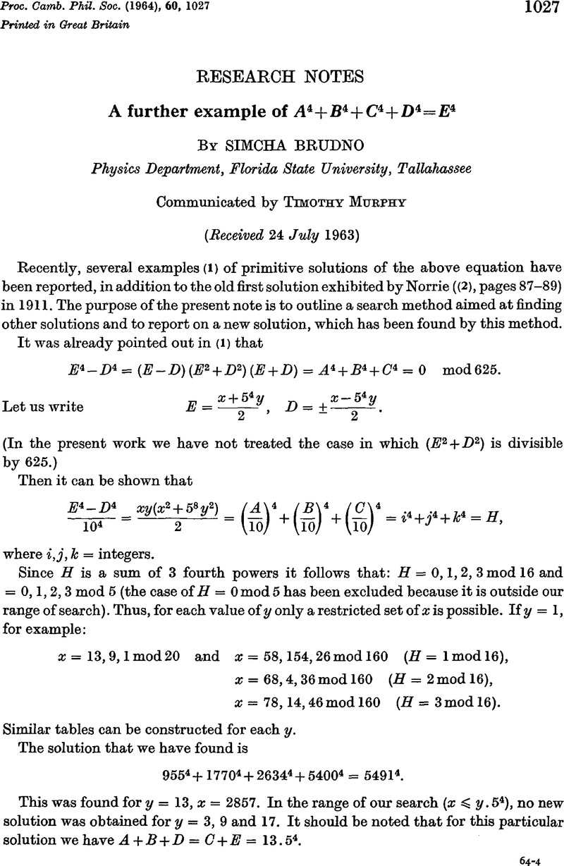 A further example of A4 + B4 + C4 + D4 = E4 | Mathematical Proceedings ...