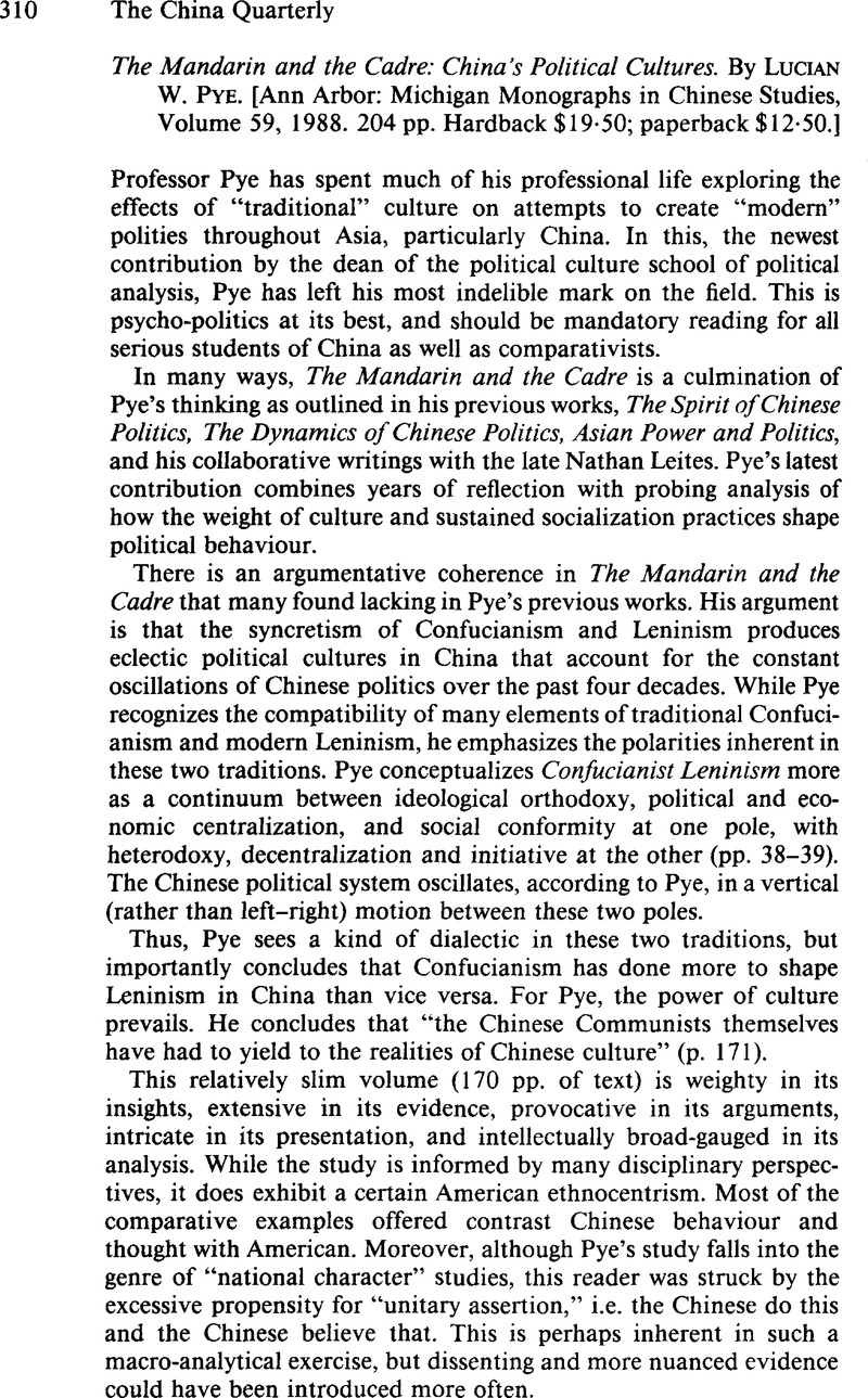 The Mandarin and the Cadre: China's Political Cultures. By Lucian W ...